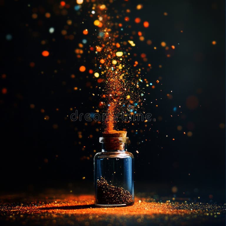 Glittering Magic Dust Exploding from a Glass Bottle Against Dark ...