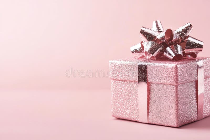 Glittering Pink Gift Box with a Shiny Bow on Light Pink Background ...