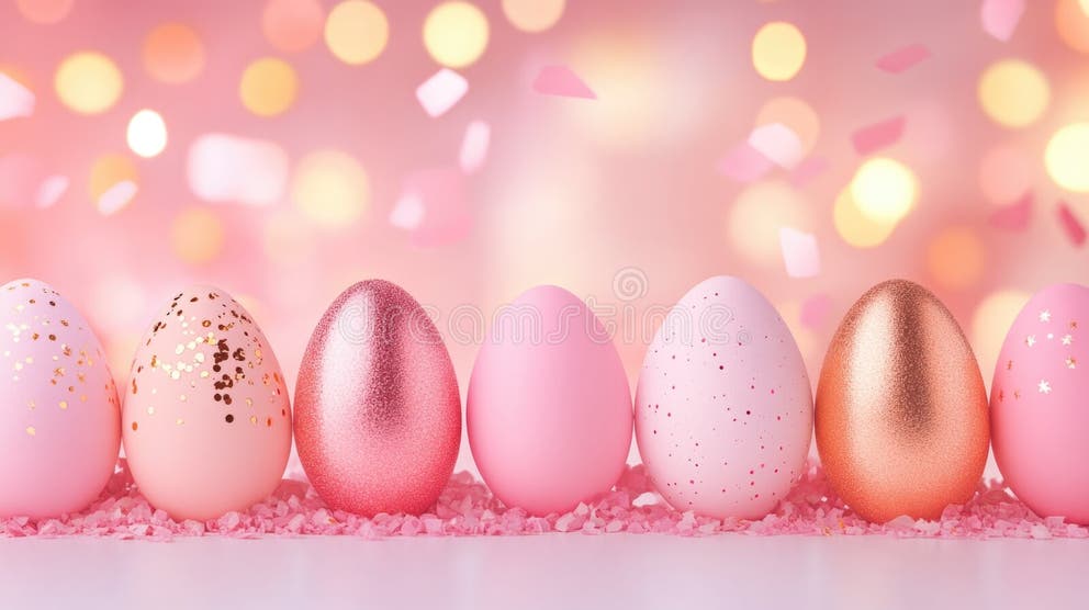 Glittering Pink and Gold Easter Eggs on Sparkling Background. Happy ...