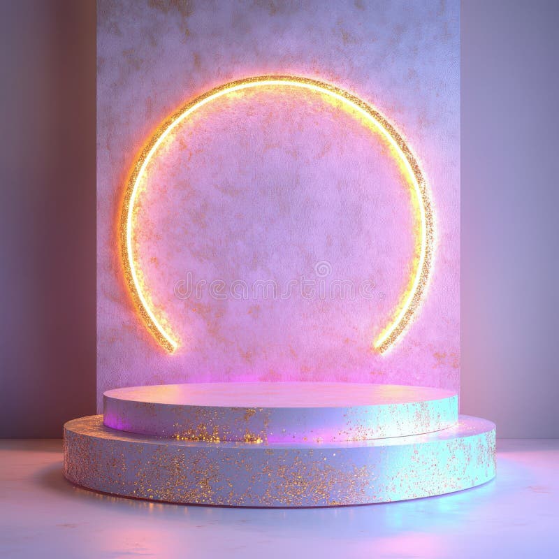Glittering Product Display Stand Neon Circle Backdrop Stock ...
