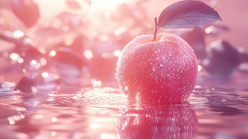 Glittering Red Apple on Water with Sparkling Sunlight and Leaves Stock ...