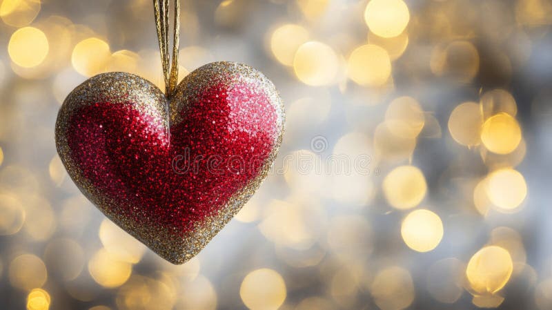 Glittering Red Gold Heart Ornament Hangs Against Lights Stock ...