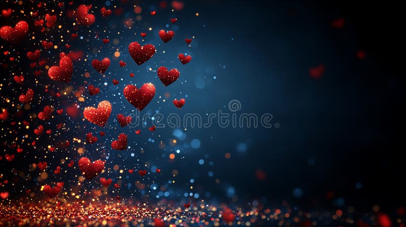 Glittering Red Hearts Floating in Dreamy Night Sky with Sparkling ...