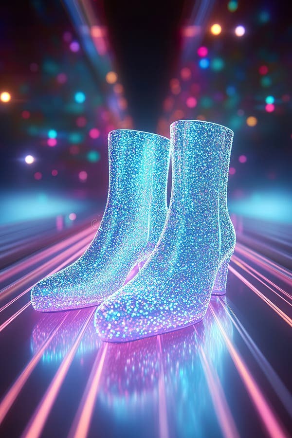 Glittering 80s Blue Ankle Dancing Disco Boots on Reflective Surface ...