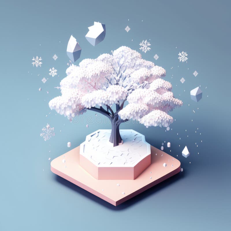 Glittering Snowflakes and a Cherry Blossom Tree, Isometric Low Poly ...
