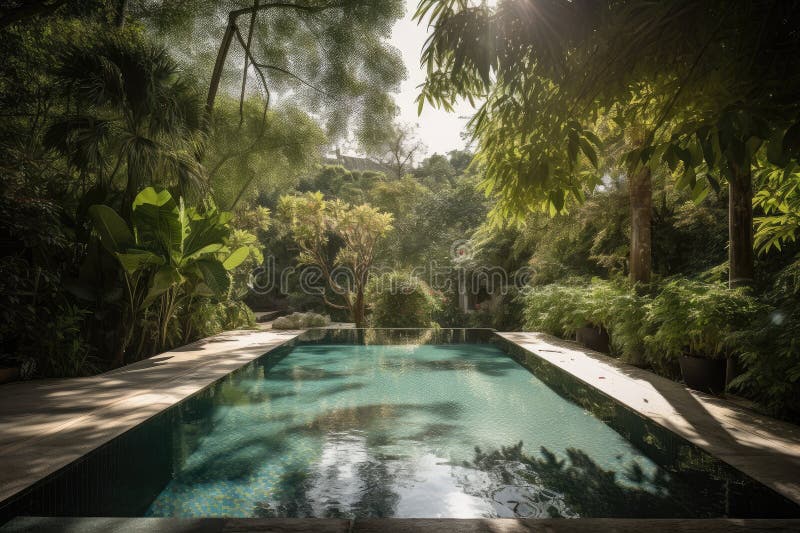 Glittering Swimming Pool Surrounded by Lush Greenery and Warm Sun Stock ...