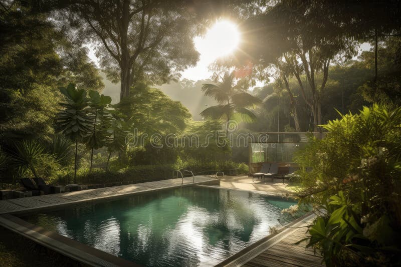 Glittering Swimming Pool Surrounded by Lush Greenery and Warm Sun Stock ...