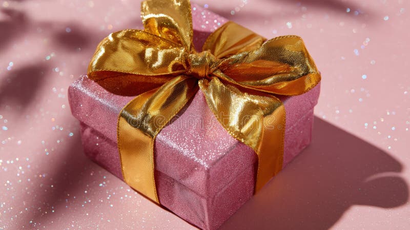 Pink Gift Box Golden Glittery Ribbon Sparkling Background Stock Photos ...