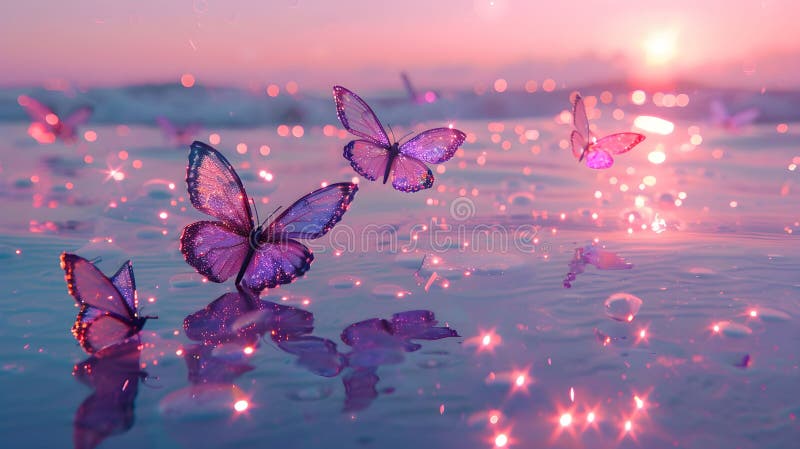 Glittery Purple Butterflies And Ethereal Sea Waves Background