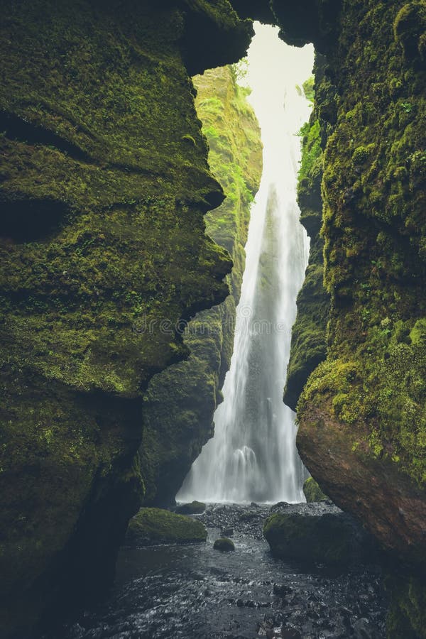 Gljufrabui Waterfall Iceland Hidden in Cave in Summer. Stock Photo ...
