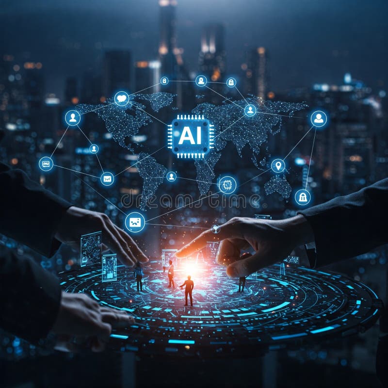 Global AI Network and Human Collaboration Stock Illustration ...