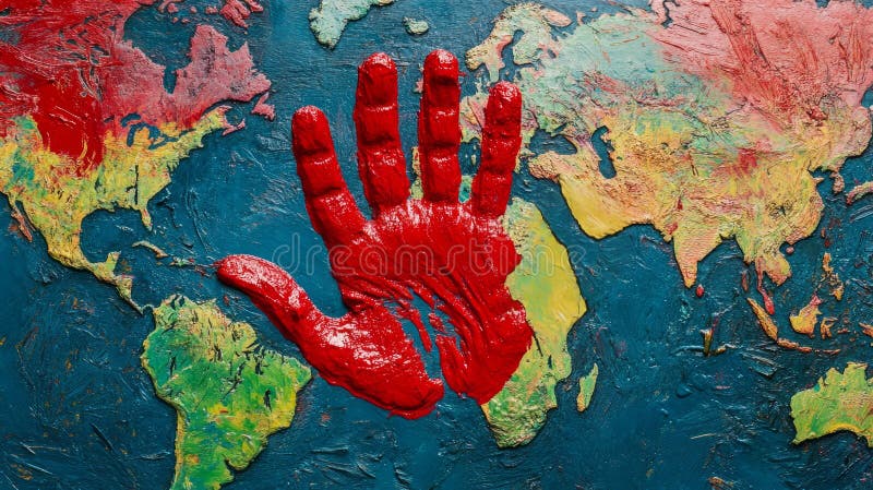 Global Awareness Symbolized by a Red Handprint on the World Map ...