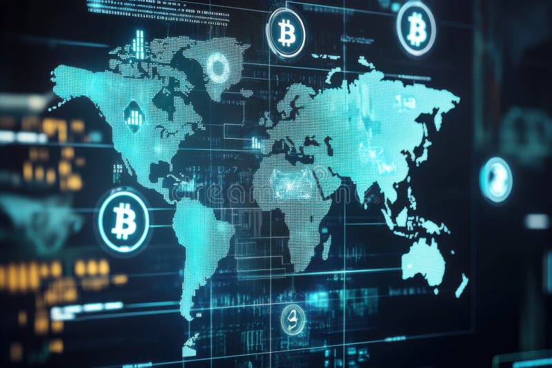 Global Bitcoin Network Visualization with Digital Currency Symbols and ...