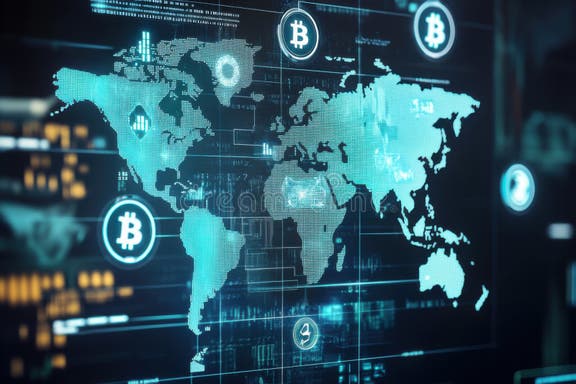 Global Bitcoin Network Visualization with Digital Currency Symbols and ...