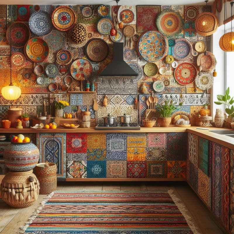 Global Boho Kitchen Eclectic Mix of Global Patterns, Texture Stock ...