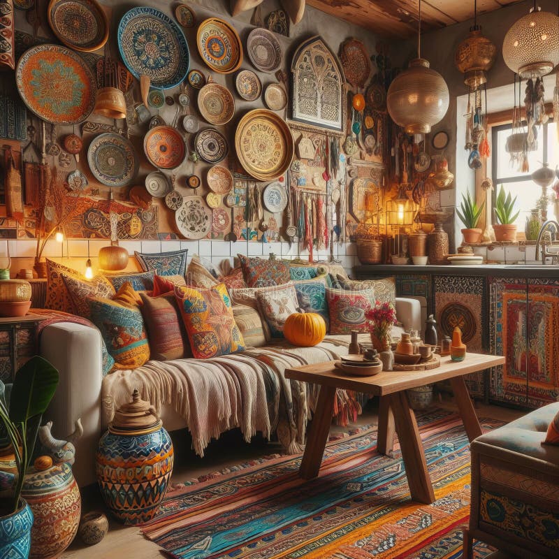 Global Boho Kitchen Eclectic Mix of Global Patterns, Texture Stock ...