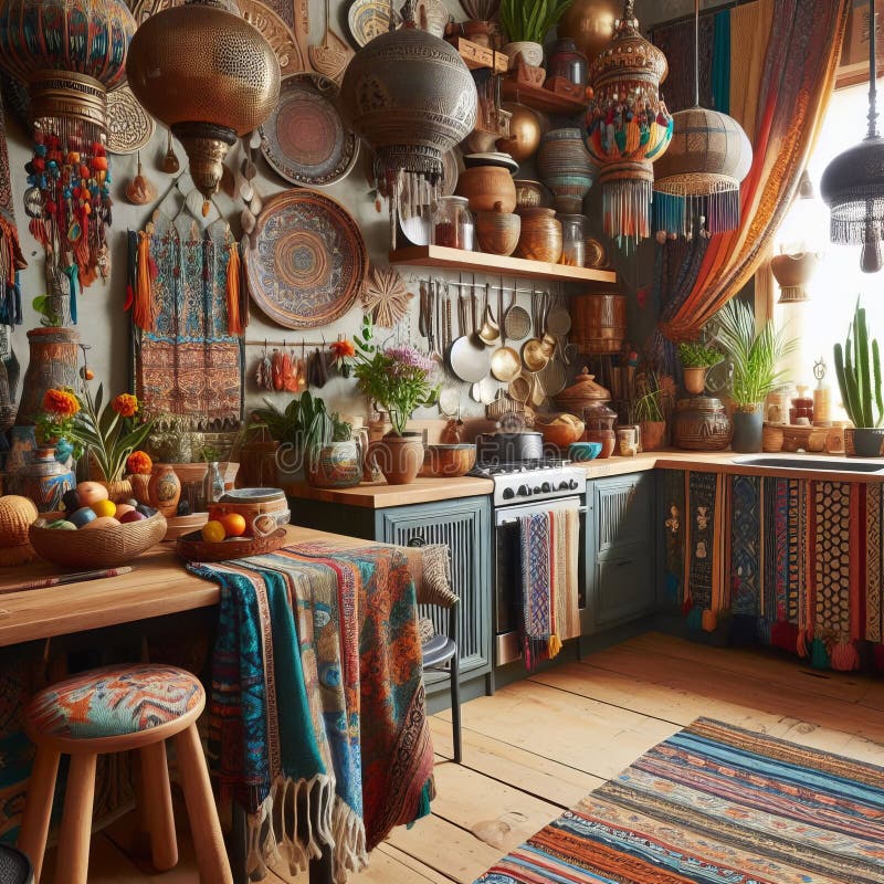 Global Boho Kitchen Eclectic Mix of Global Patterns, Texture Stock ...