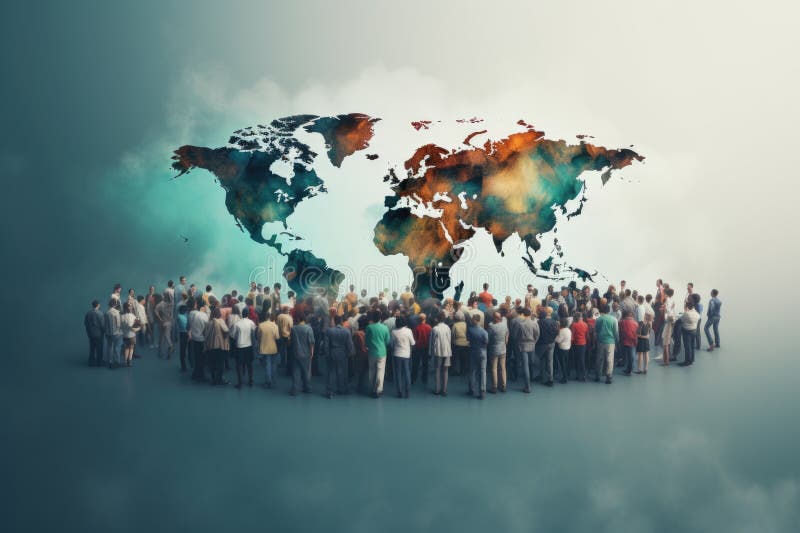 Global Business Concept with World Map and Crowd of People. Mixed Media ...