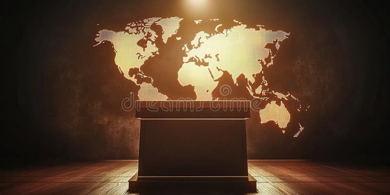 Global Business Concept with World Map and Empty Podium in Spotlight ...