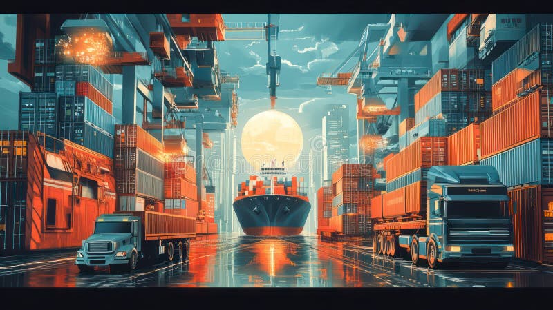 Global Business with Container, Car, Truck, Ship and Computer Created ...