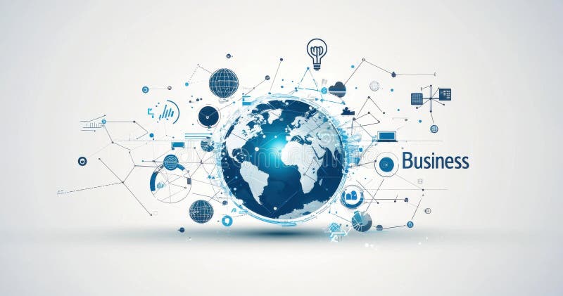 Global Business Network Concept with Technology and Communication Icons ...