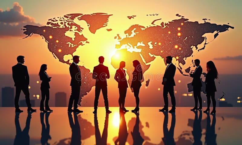 Global Business Network Silhouettes of Professionals World Map Stock ...