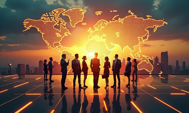 Global Business Network Silhouettes of Professionals World Map Stock ...