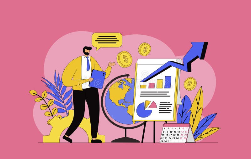 Global Business Strategy Concept with Modern Flat Design for Web. Men ...