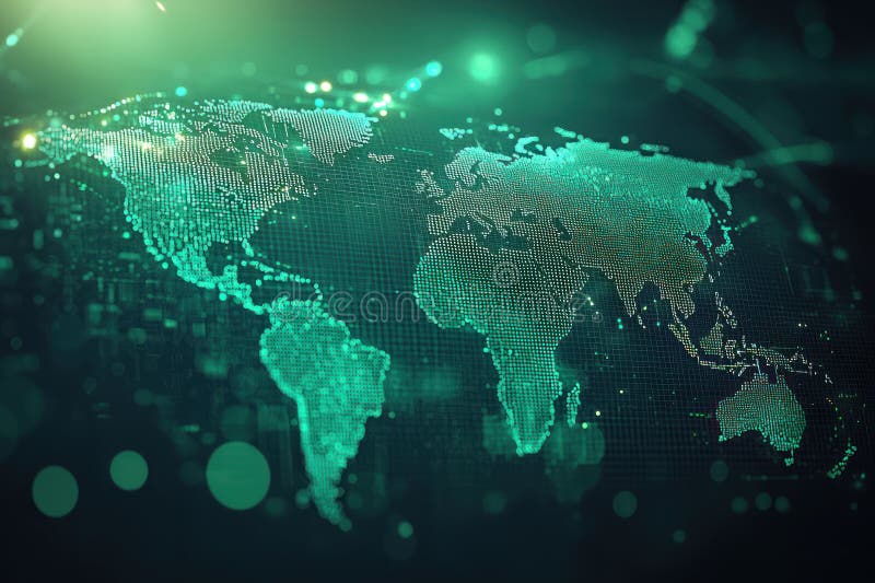 Global Business Theme Featuring Digital World Map in Green Tones, Showcasing Connectivity and ...