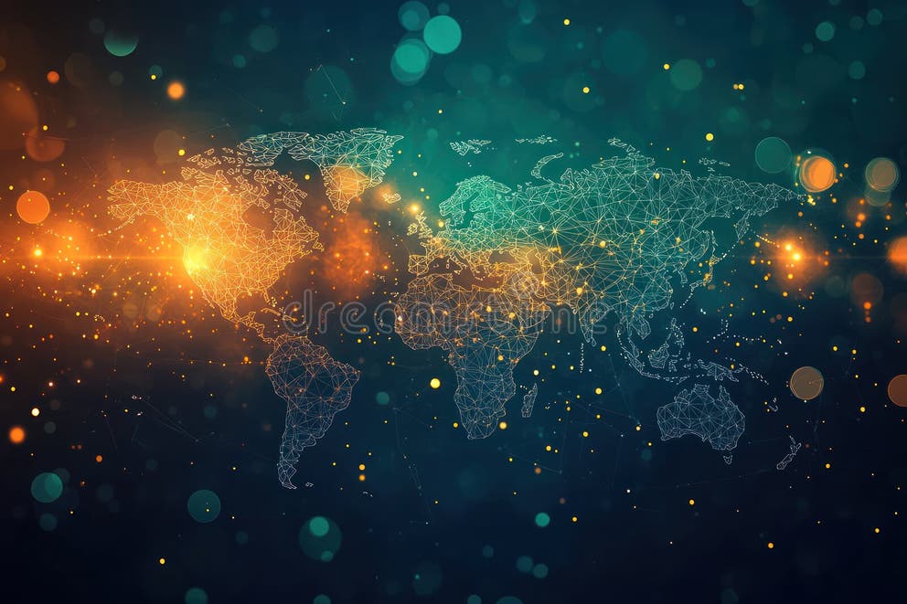 Global Business Theme with Wireframe World Map and Glowing Lights Stock ...