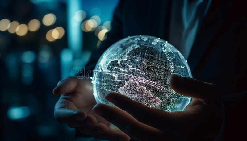 Global Businessman Holding Futuristic Sphere, Connecting with Wireless ...