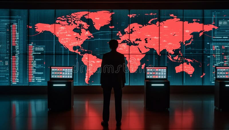 Global Businessman Standing, Holding World Map, Working on Computer ...