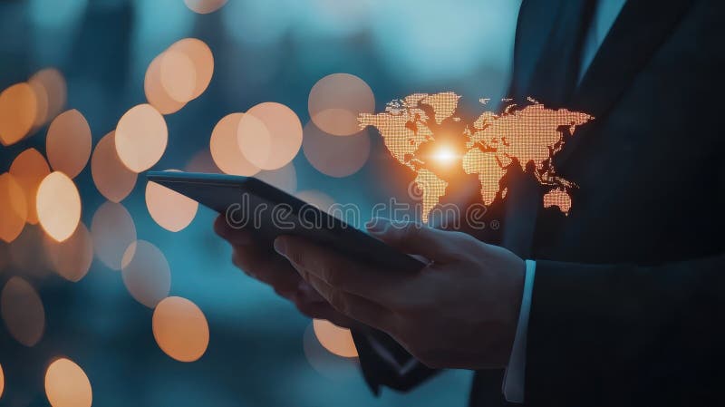 Global Businessman Using Tablet World Map Hologram Digital Technology ...
