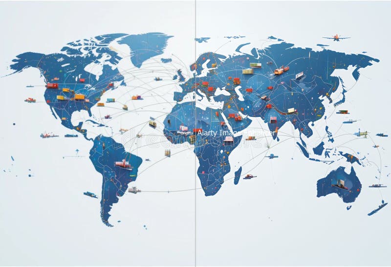 Global Cargo Shipping Network Visualized on World Map Stock ...