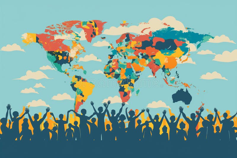 Global Celebration: World Map with People Raising Hands Stock Photo ...