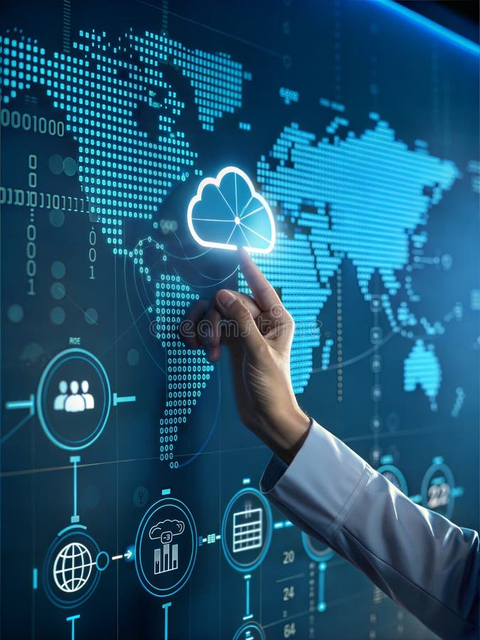 Global Cloud Computing Interface with World Map Stock Illustration ...