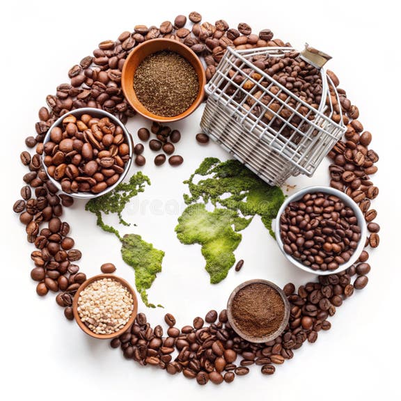 Global Coffee Beans, World Map, and Coffee Products Stock Photo - Image ...