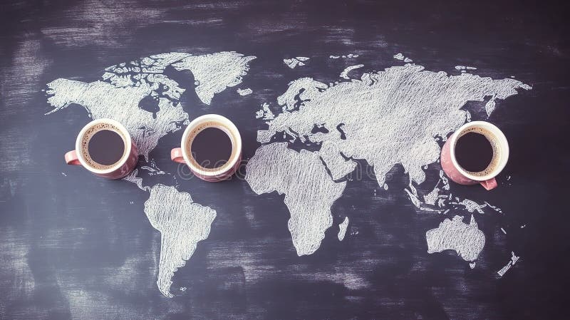 Global Coffee Break Three Mugs on World Map Chalkboard Stock Image ...