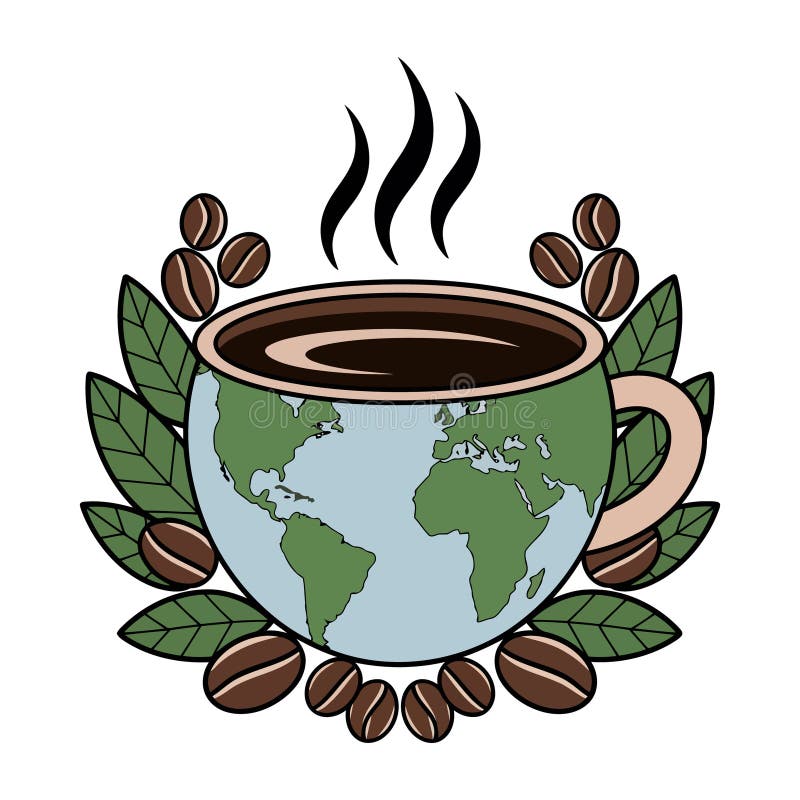 Global Coffee Cup Illustration with Coffee Beans and Leaves Vector ...