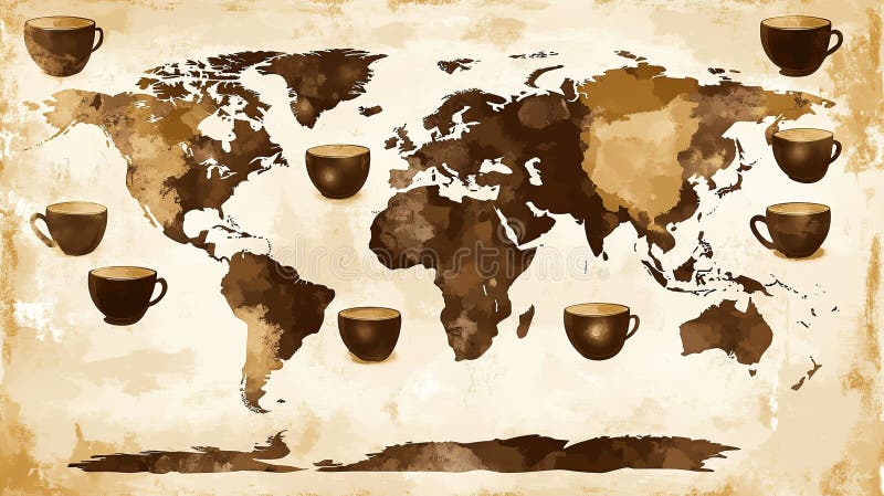Global Coffee Trade Map, Cups, Vintage Background Stock Photo - Image ...