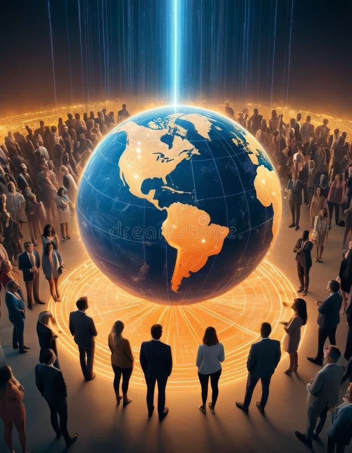 Global Collaboration Concept with Crowds and Globe Stock Illustration ...