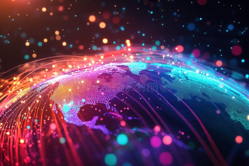 Planet Earth Rotating Showing Data Flowing Around Continents with Fiber ...