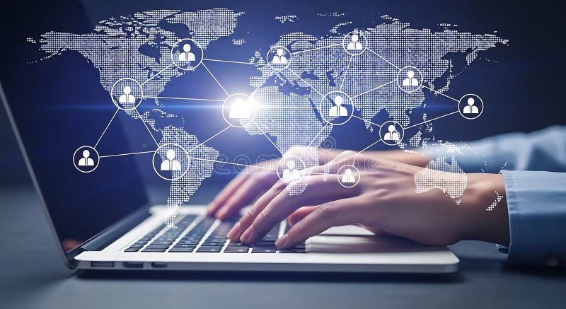 Global Communication Hands Typing on Laptop with World Map Social ...