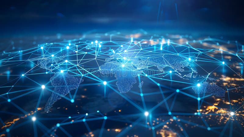 Global Communication Network with Connecting Lines Over a World Map ...