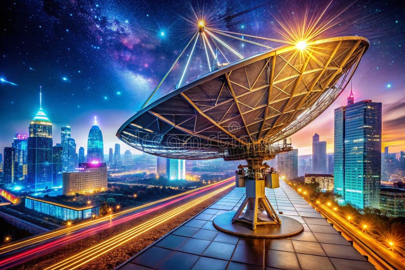 Global Communication Network Hub at Night a Satellite Dish Captures ...