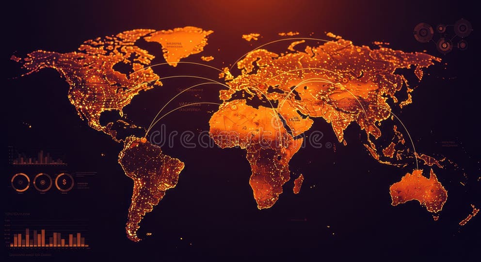 Global Communication Network with World Map and Data Visualization in ...