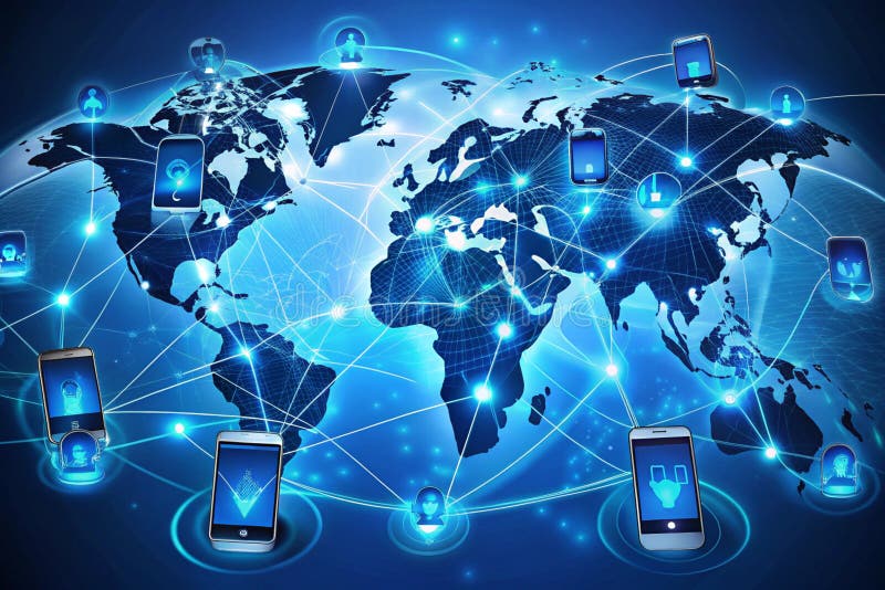 Global Communications Map Binary Smart Phones and Globe Connections ...