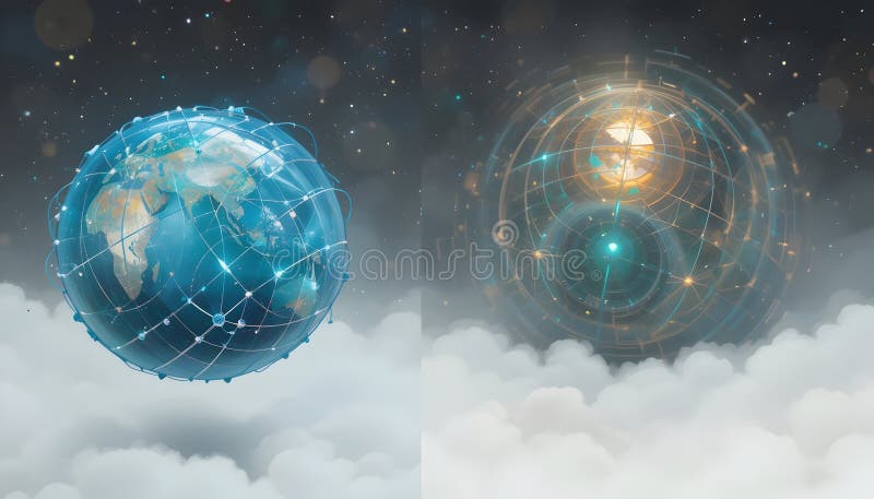 Global Connection Concept with Network Globe on Clouds and Starry Sky ...