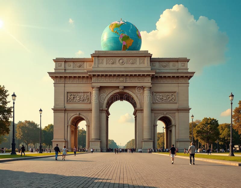 Global Connection Triumphal Arch with World Globe Stock Illustration ...