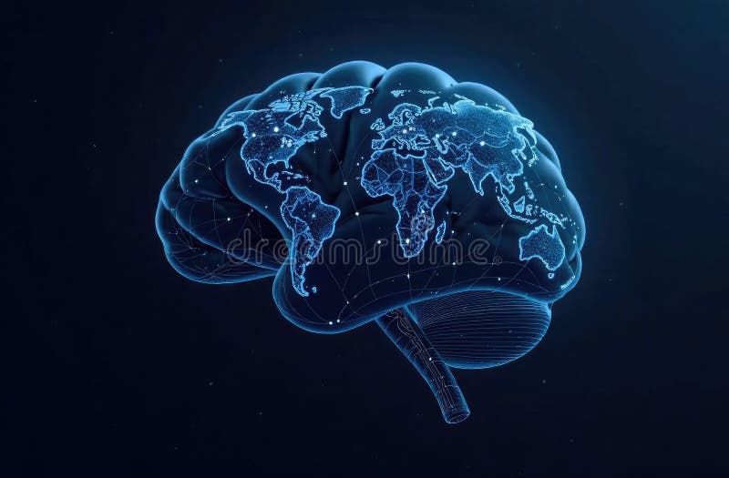 Global Connectivity Illustrated through a Digital Brain with World Map ...